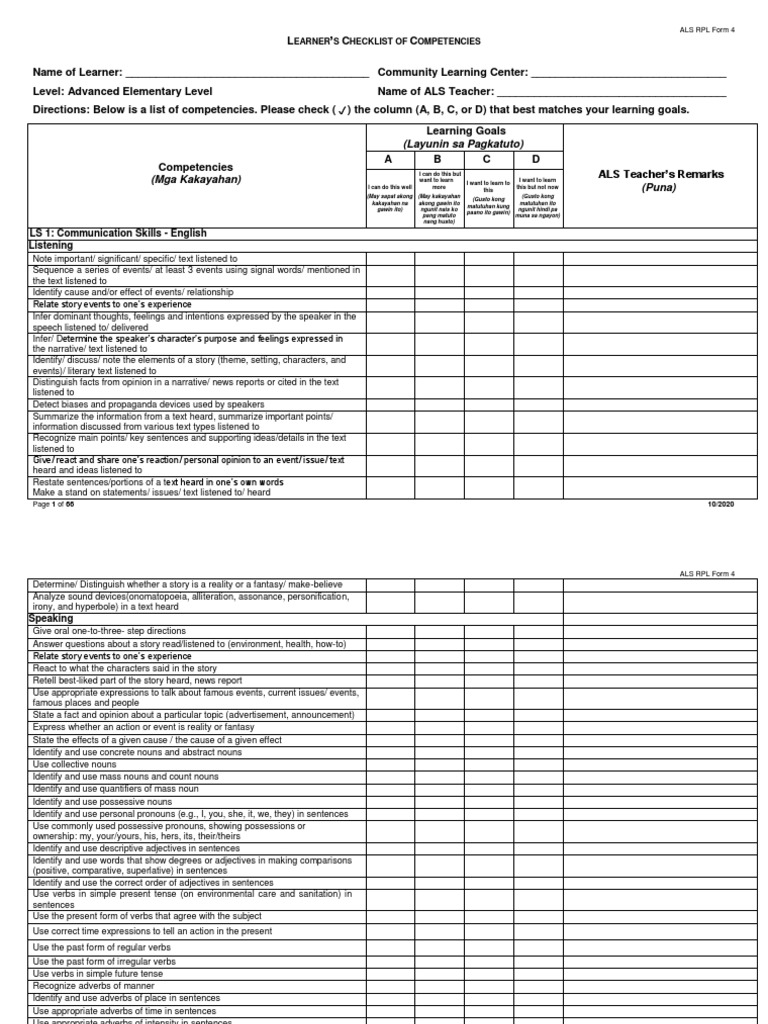 RPL-Form-4-AEL-Learners-Checklist-of-Competencies | PDF | Verb | Adverb