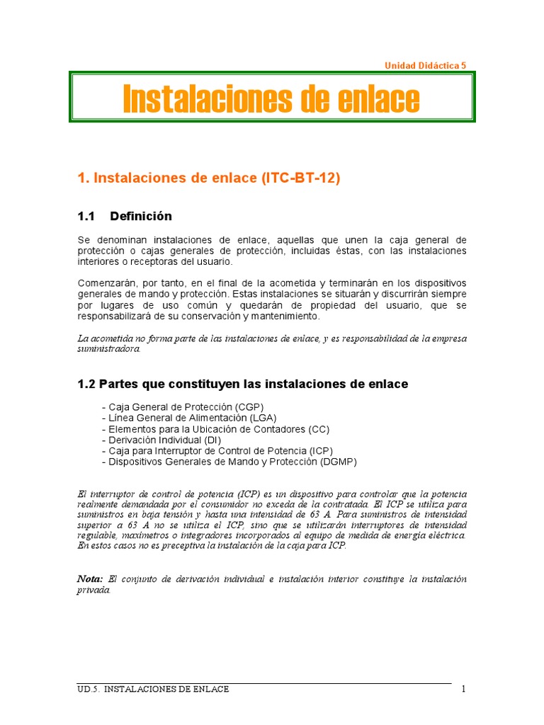 Instalaciones de Enlace | PDF | Ingenieria Eléctrica | Corriente eléctrica