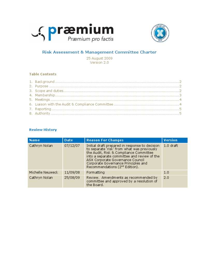 Risk Assessment & Management Committee Charter: Review History | PDF ...