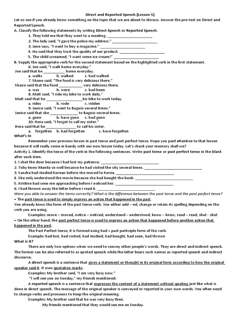 1direct and Reported Speech | PDF | Grammatical Tense | Verb