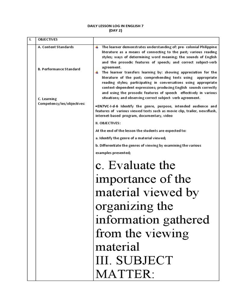 2daily Lesson Log in English 7 | PDF | Genre | Educational Technology