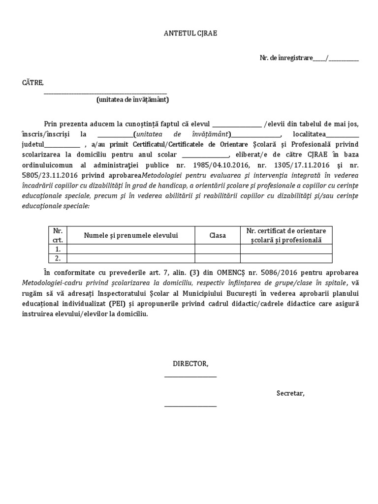 Anexa 22 Adresa CJRAE Informare Scolarizare La Domiciliu | PDF