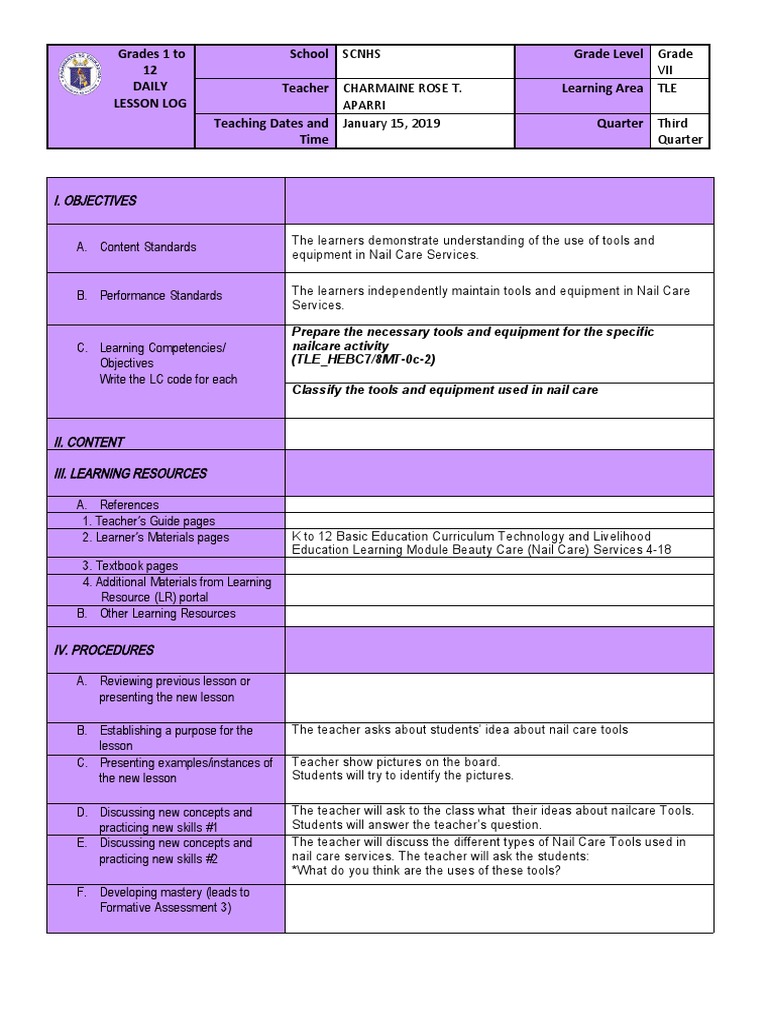 DLL Classify The Tools and Equipment Used in Nail Care | PDF | Teachers ...