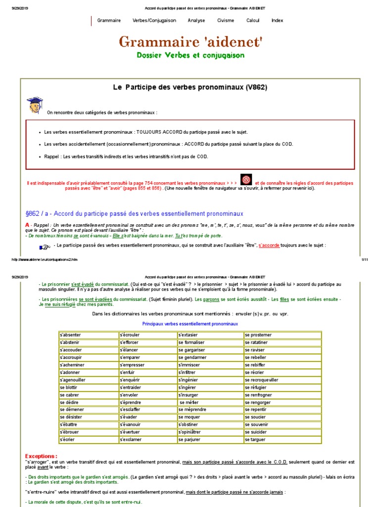 Accord Du Participe Passé Des Verbes Pronominaux | PDF | Sujet ...