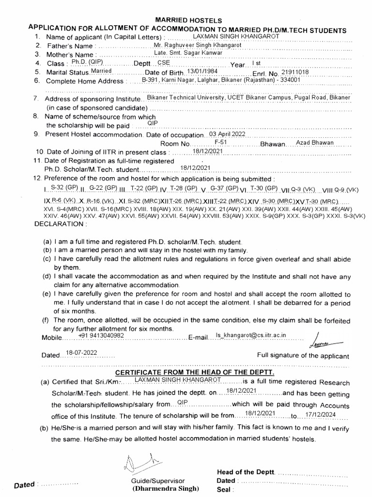 Application for Married Hostel Accommodation: A Request for Housing ...