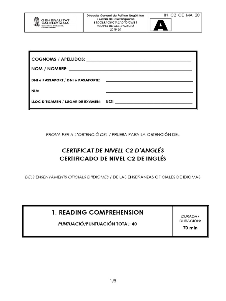Reading Comprehension: Certificat de Nivell C2 D'Anglés | PDF ...