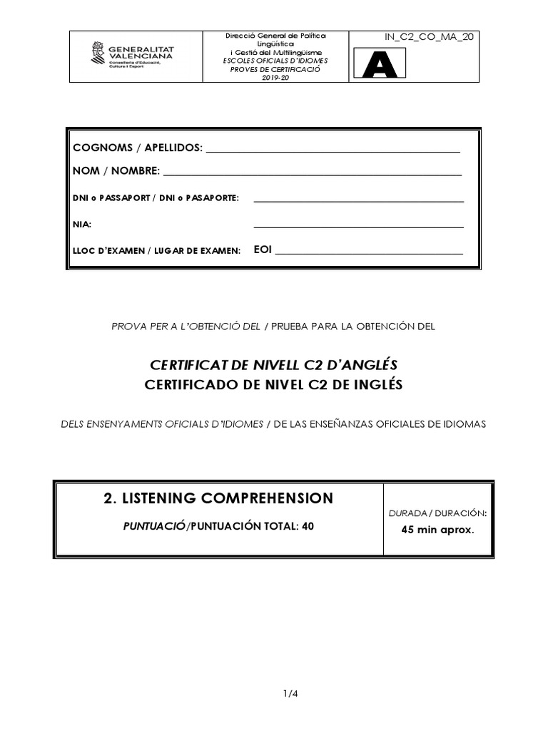 Listening Comprehension Certificat De Nivell C2 D Anglés Pdf Brexit