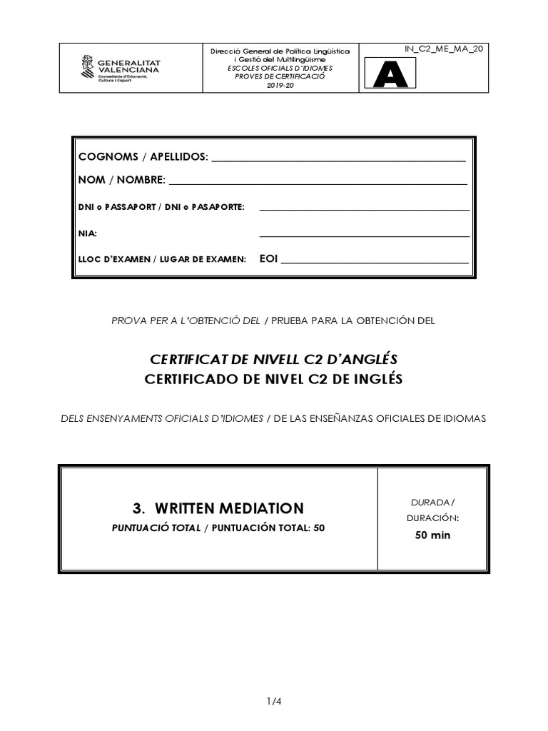 Written Mediation: Certificat de Nivell C2 D'Anglés | PDF