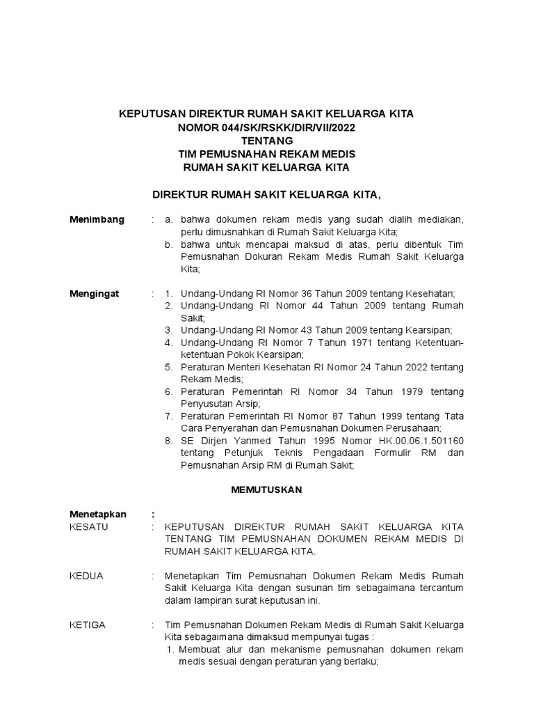 044 SK Tim Pemusnahan Berkas Rekam Medis | PDF