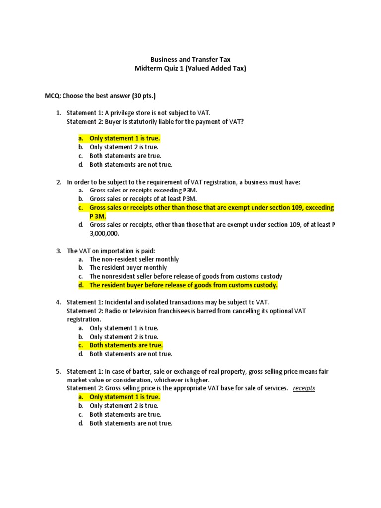 Quiz-1VAT Answer-Key | PDF | Value Added Tax | Taxes