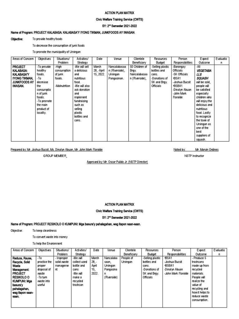 NSTP Action Plan Matrix | PDF | Waste | Recycling