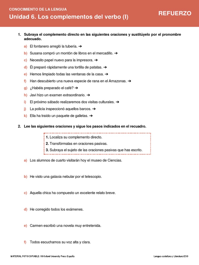3º Eso Los Complementos Del Verbo I Oxford Geniox Refuerzo 7 Páginas Con Soluciones Pdf