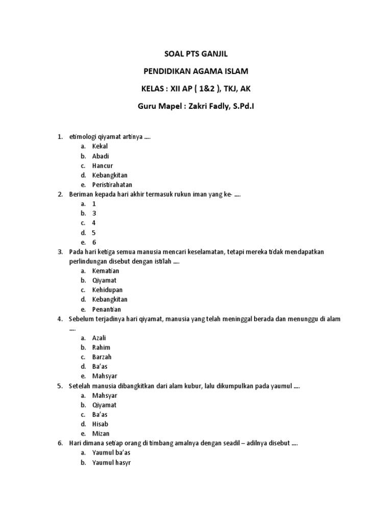 Soal PTS Ganjil Pai (Xii Ap, TKJ, Ak) | PDF