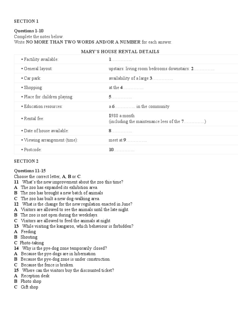 Section 1 Questions 1-10: Choose The Correct Letter, A, B or C | PDF | Zoo