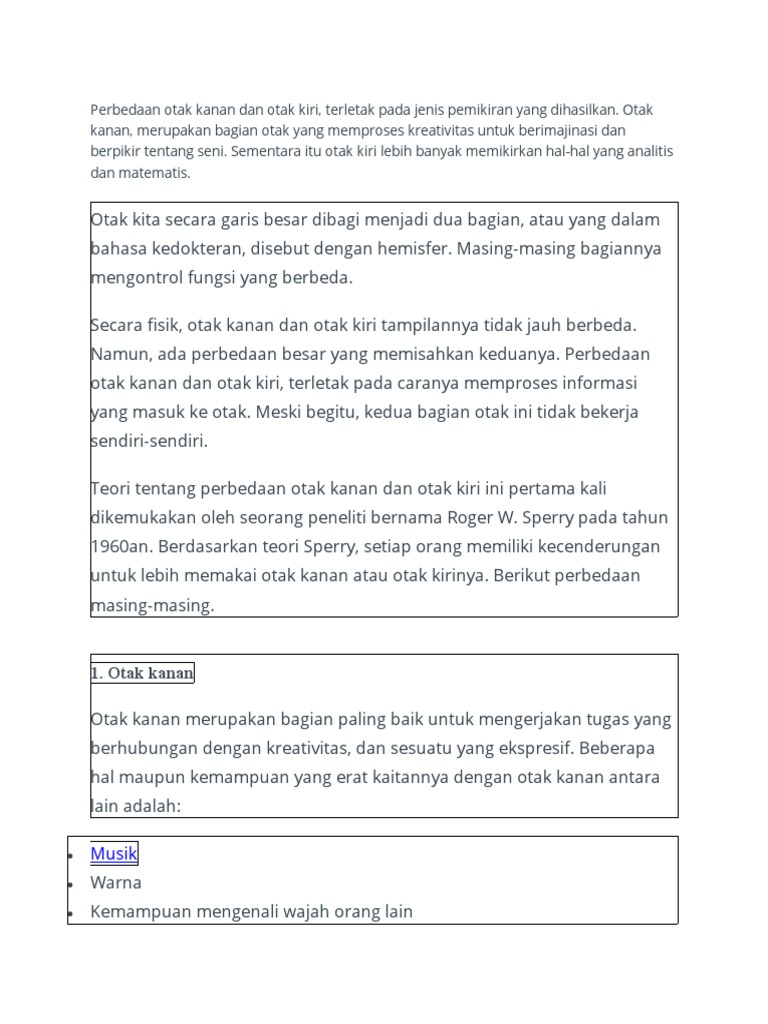 Perbedaan Fungsi Otak Kanan dan Kiri | PDF Perbedaan Fungsi Otak Kanan dan Kiri | PDF