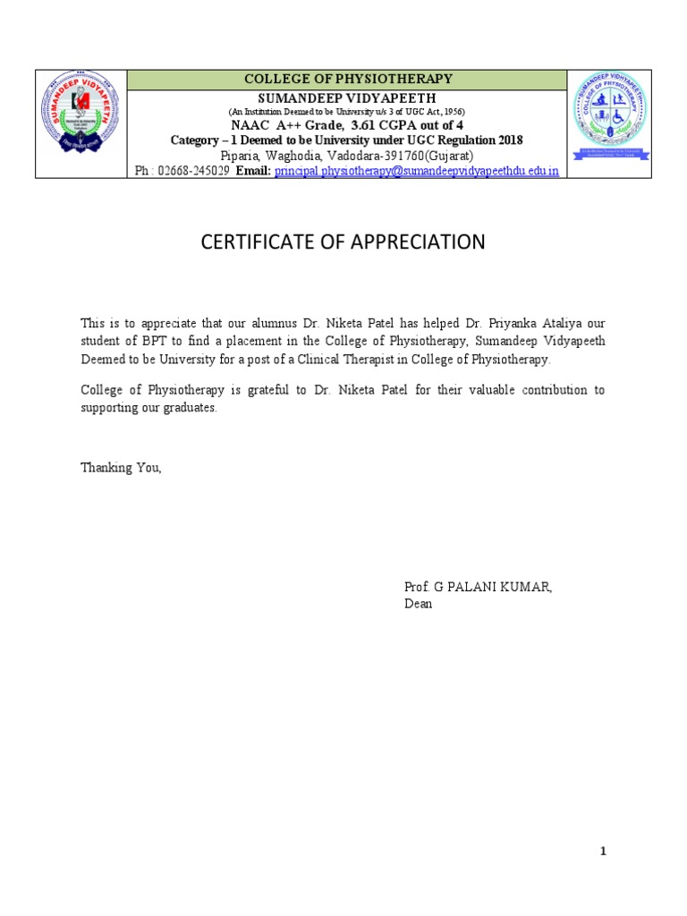 Alumni Certificate of Appreciation | PDF | Physical Therapy | Higher ...