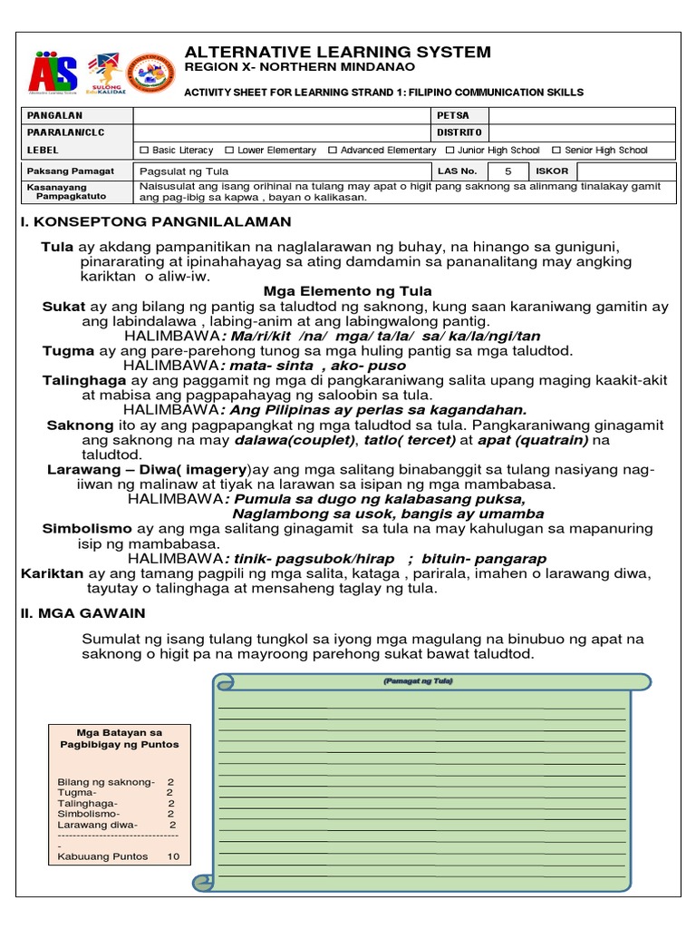 LS1F - JHS - LAS5 - Pagsulat NG Tula | PDF