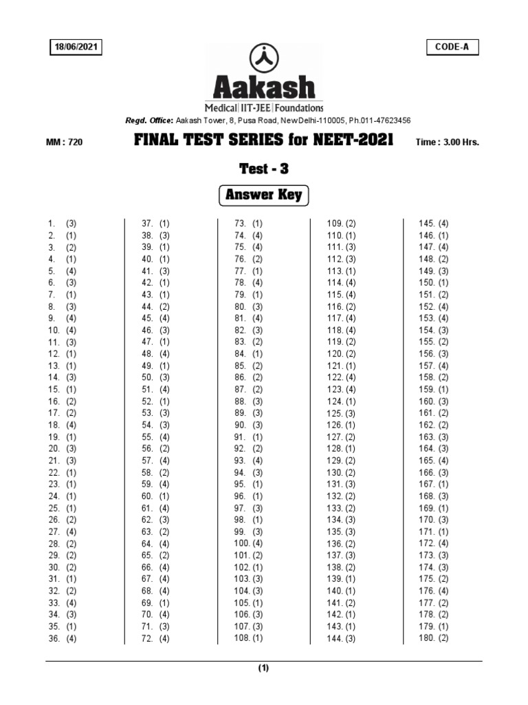NEET 2021 Test 3 Answer Key & Solutions | PDF | Classical Mechanics ...