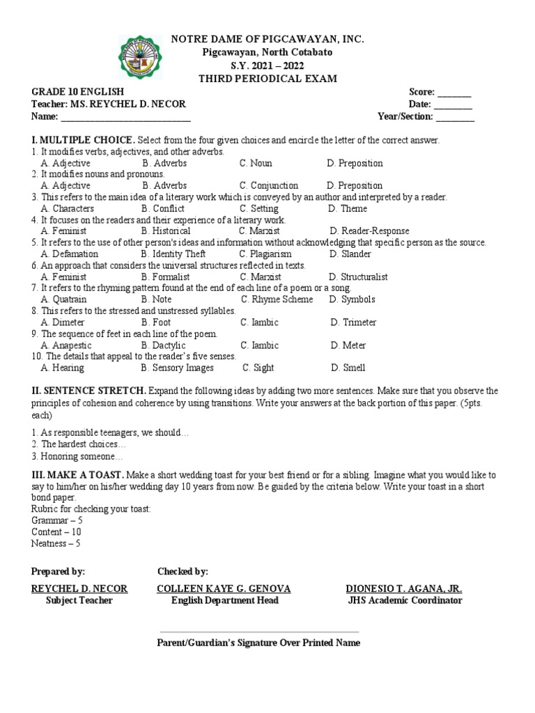 Third Prelim Exam English 10 | PDF | English Language | Poetry