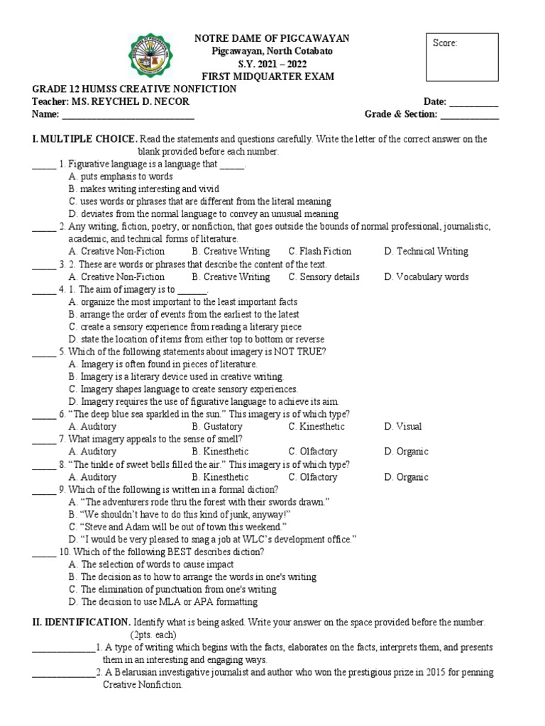 First Pre-Midterm Exam For Creative Writing | PDF | Creative Nonfiction ...