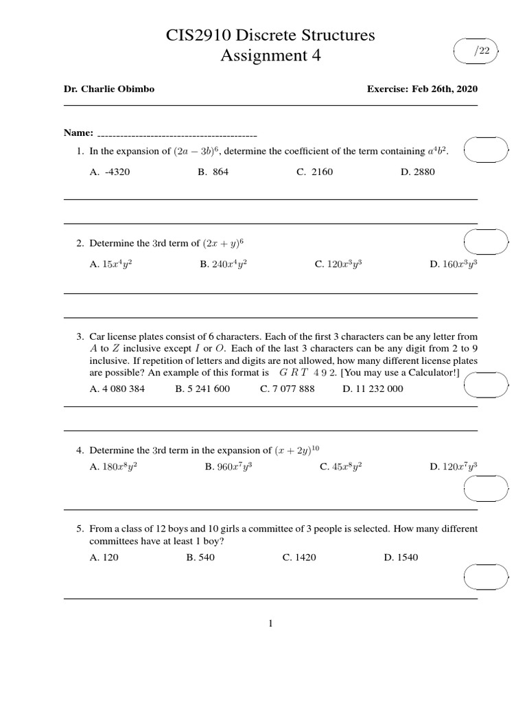CIS2910 Discrete Structures Assignment 4 | PDF | Mathematics