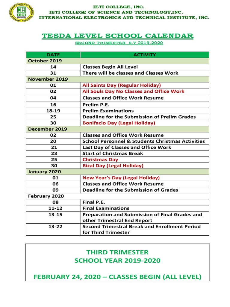 Tesda School Calendar Activities 2 | PDF