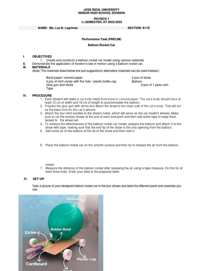 PRELIM-Performance Task-Physics1 | PDF | Mass | Rocket