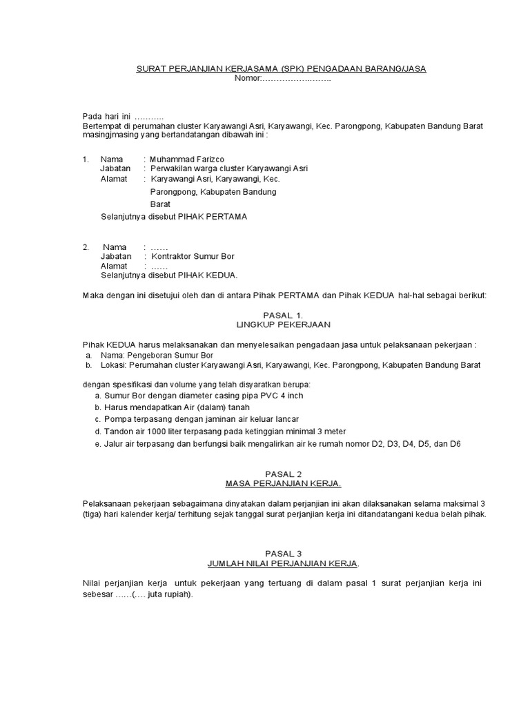 Surat Perjanjian Kerja - Sumur Bor | PDF | Hukum
