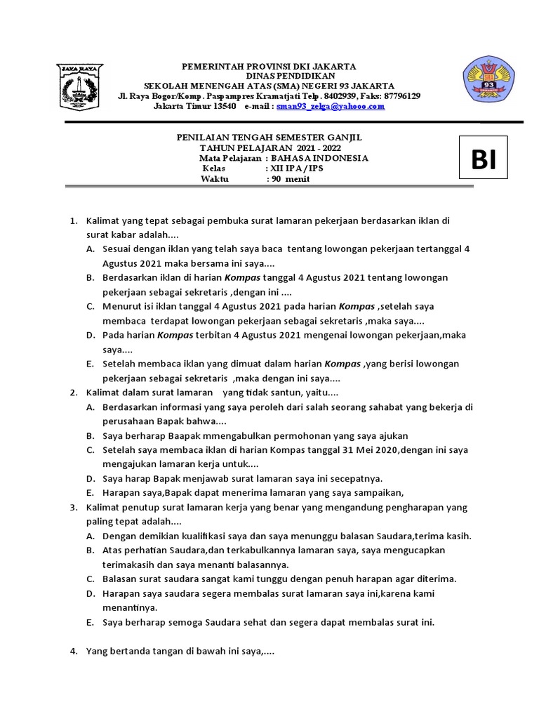 Soal PTS Bindo Xii Ganjil 2021 | PDF