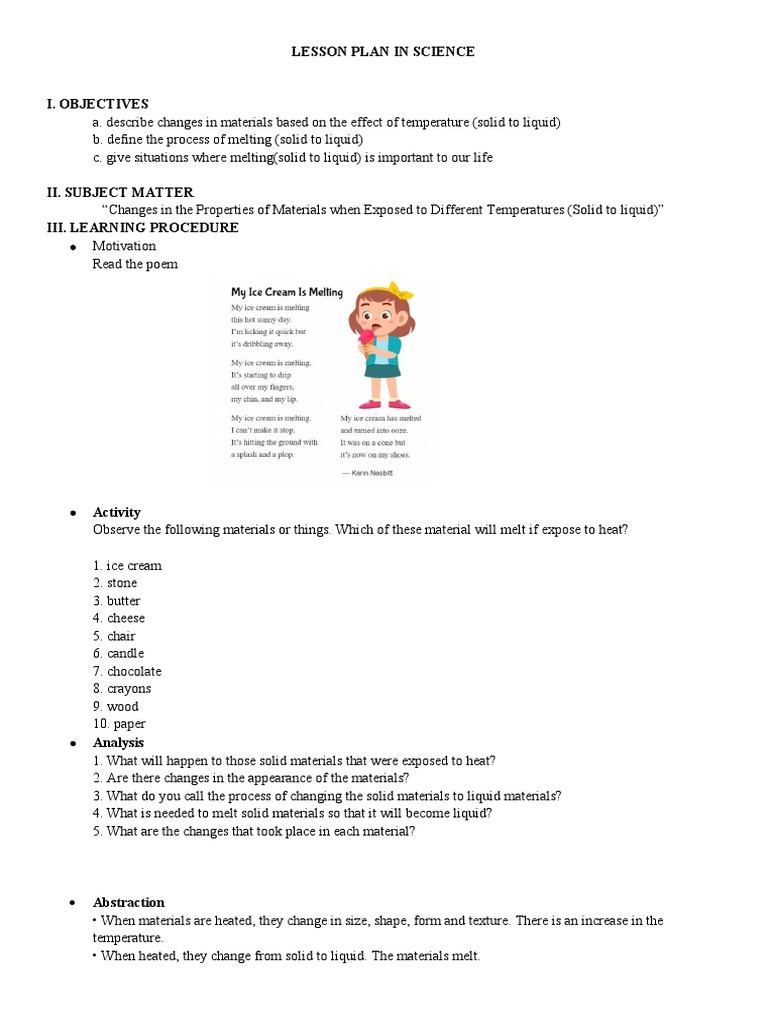 Lesson Plan in Science (Melting) | PDF | Ice | Liquids