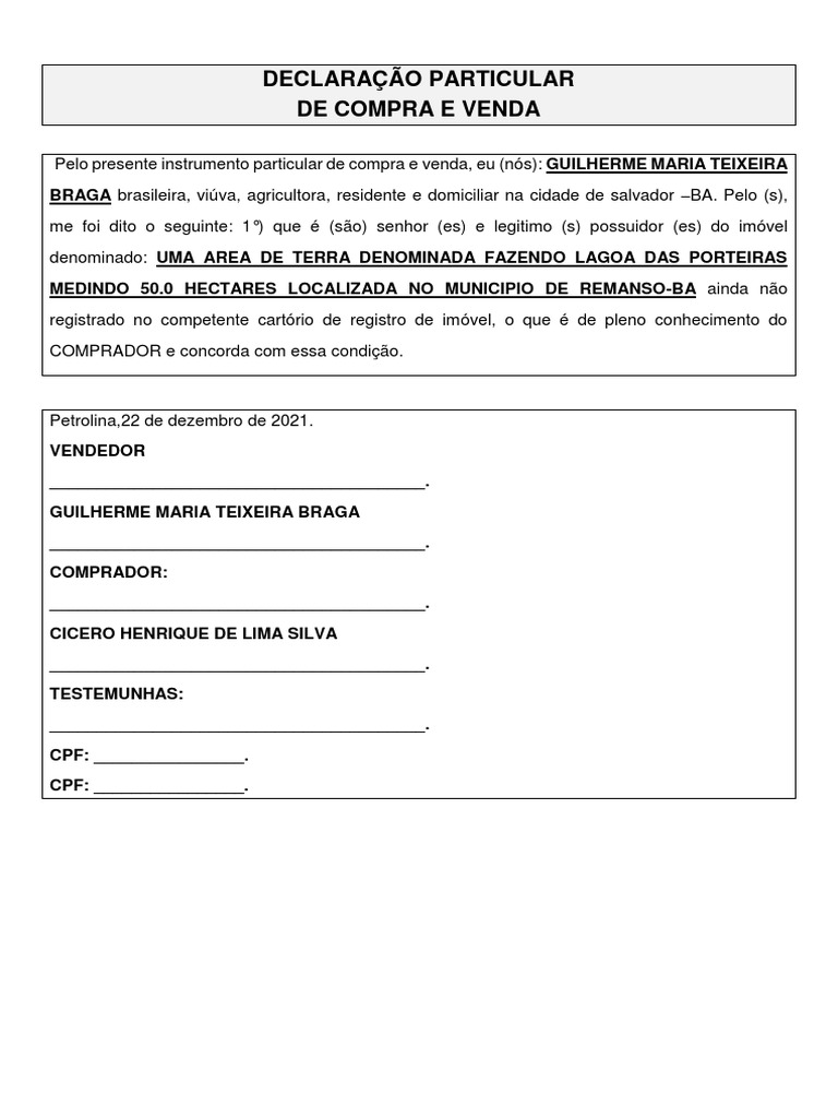 Declaração Particular de Compra e Venda | PDF