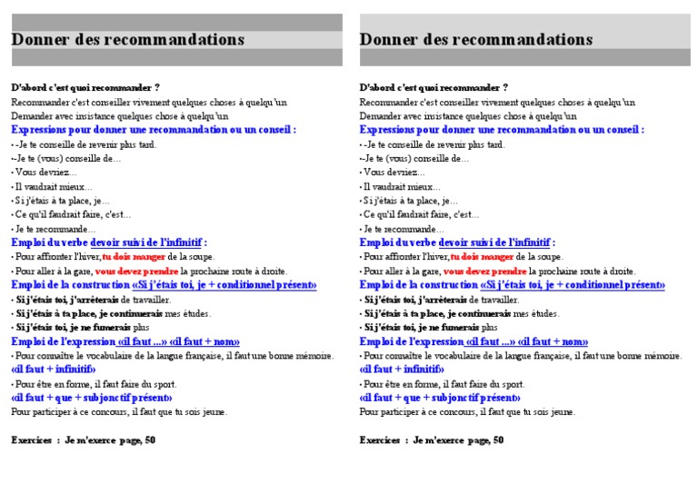 Conseils et recommandations en français | PDF | Mécanique du langage ...
