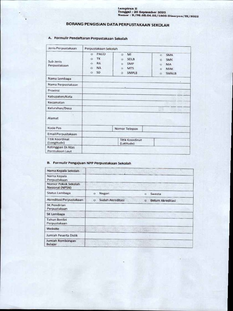 Borang Pengisian Data Perpustakaan Sekolah | PDF