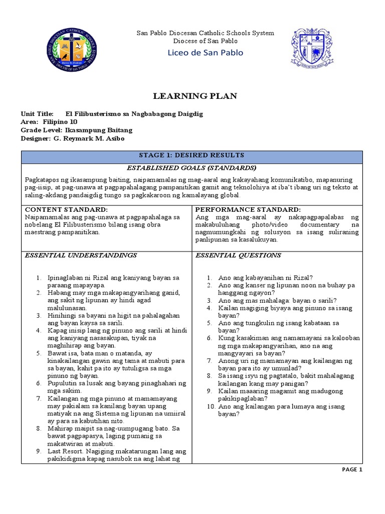 G10 FIlipino Learning Plan 4 1 3 | PDF