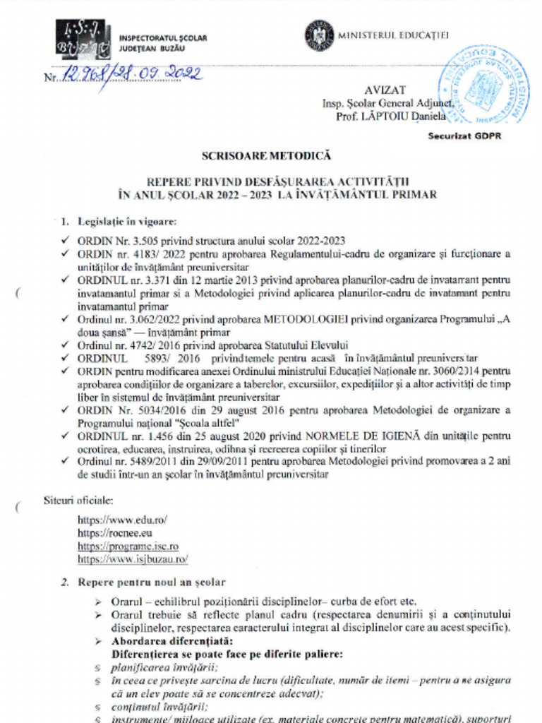 Scrisoare Metodica Inv Primar 2022-2023 - 1 | PDF