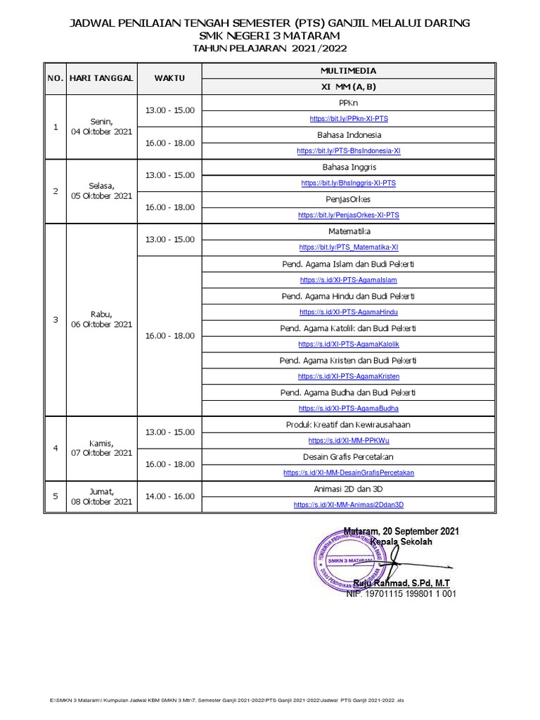 Jadwal PTS Ganjil 2021-2022 (MM) | PDF