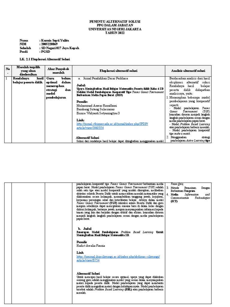 LK. 2.1 Eksplorasi Alternatif Solusi - Kurnia Septi Yulita... | PDF