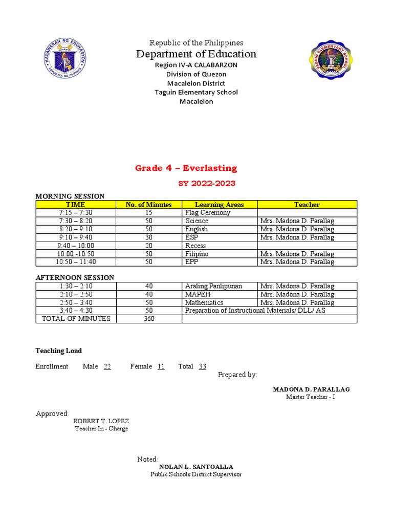 Class Program Full Face To Face Classes 2022 2023 Grade Iv Pdf