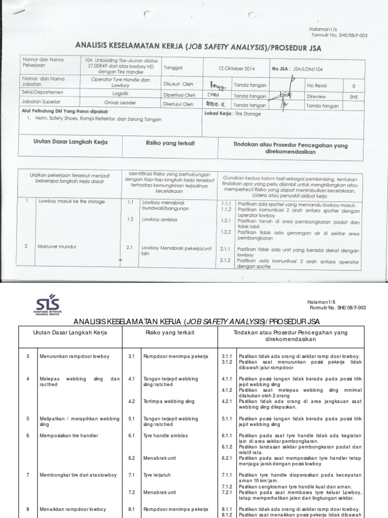 JSA - LOM - 104 Unloading Tire Ukuran Diatas 27 00R49 Dari Atas Lowboy HD Dengan Tire Handler | PDF