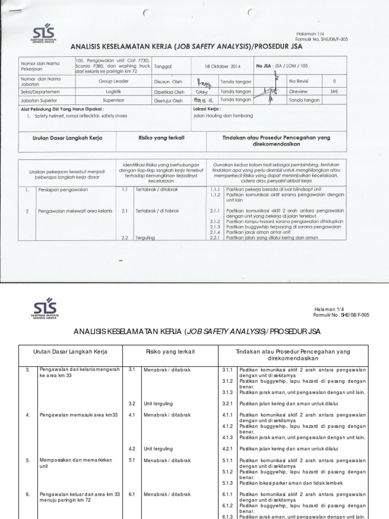 JSA - LOM - 105 Pengawalan Unit CAT 773D, Scania, P380, Dan Washing Truck Dari Kelanis Ke ...