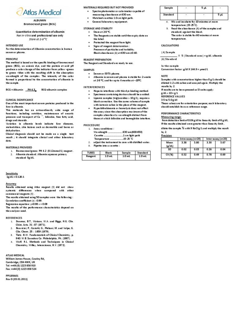Albumin Package Insert | Download Free PDF | Absorbance | Spectrophotometry