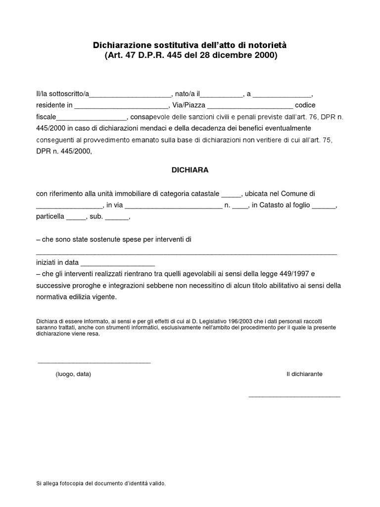 Fac Simile Autocertificazione | PDF