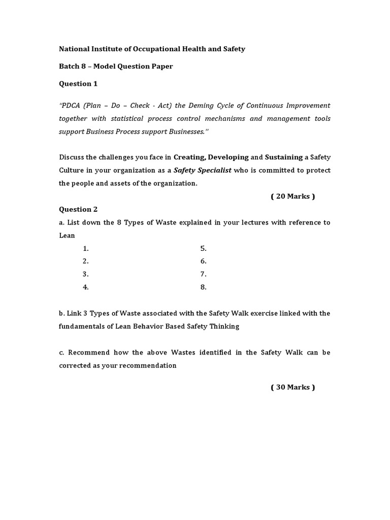 Suggested Exam Paper On OSH | PDF | Occupational Safety And Health | Safety