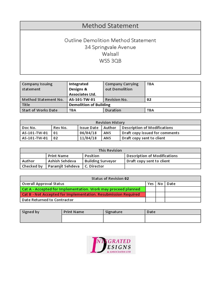 Method Statement: Outline Demolition Method Statement 34 Springvale ...