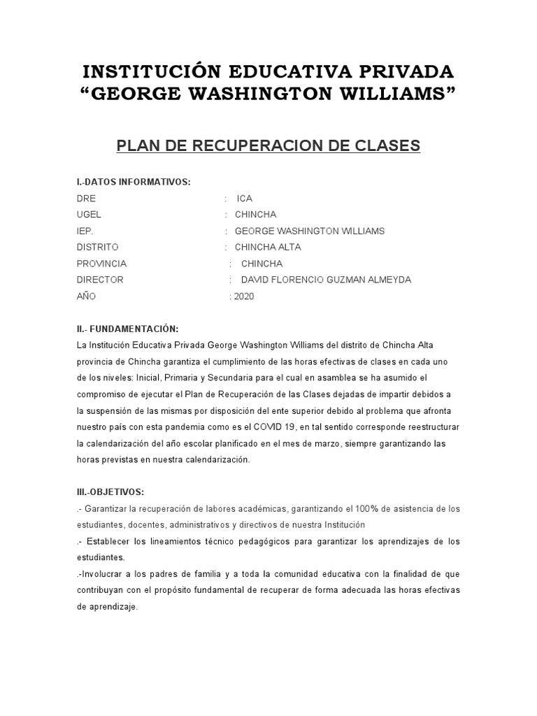 Plan de recuperación de clases de la Institución Educativa Privada "George Washington Williams | PDF