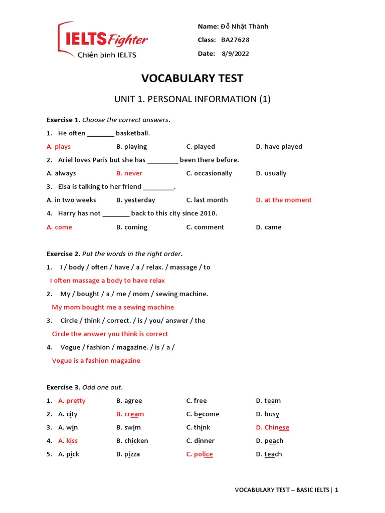 VOCAB TEST 1. UNIT 1. Personal Information | PDF | Language Arts ...