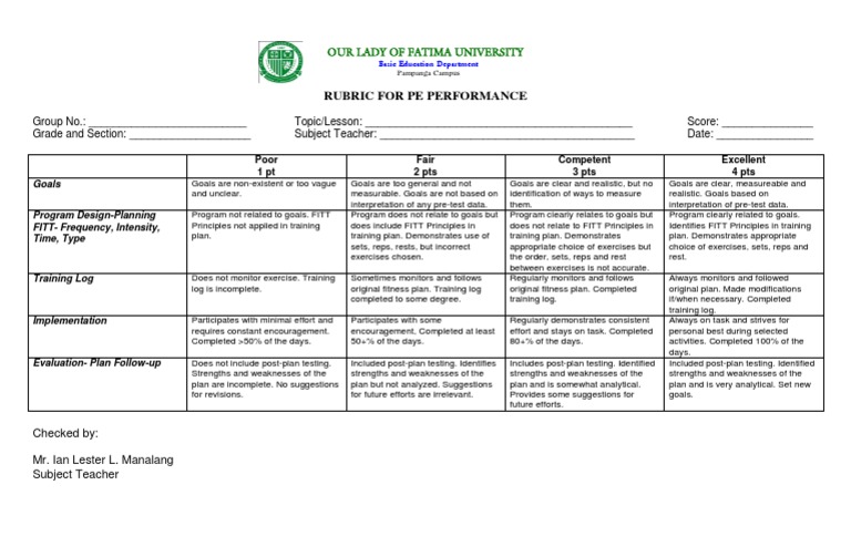 Rubric For Personal Fitness Plan | PDF | Rubric (Academic) | Evaluation