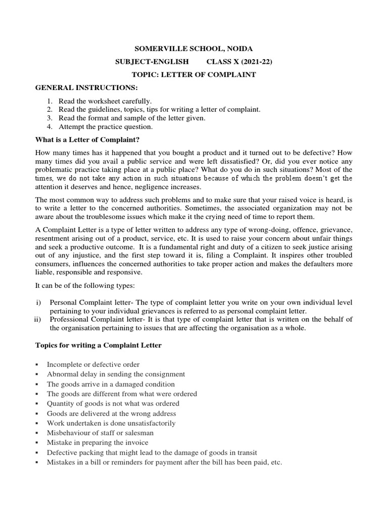 WS10. LETTER OF COMPLAINT ClassX | PDF | Justice | Crime & Violence