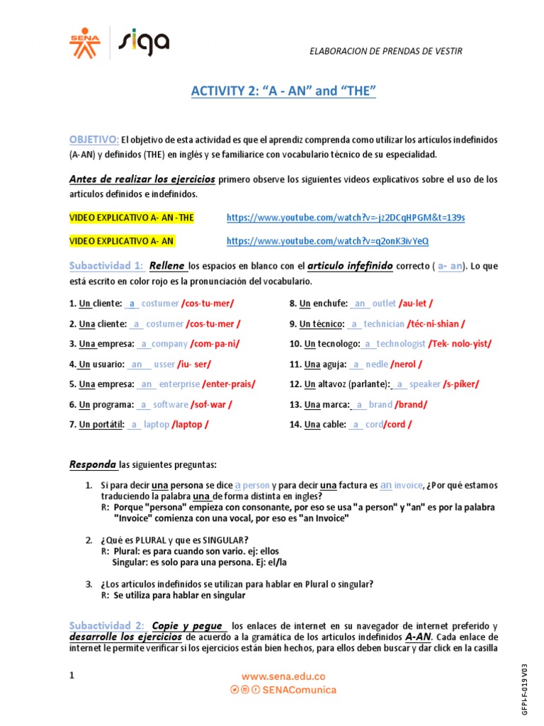ACTIVITY 2: "A - AN" and "THE": Objetivo | PDF | Lingüística