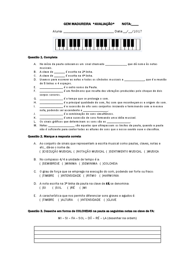 Avaliação de Teoria Musical: Identificação de Conceitos Básicos e ...